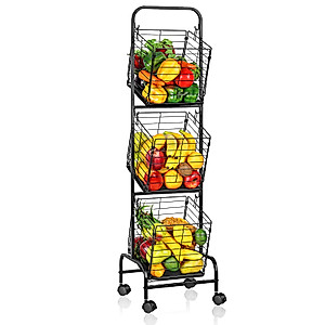 OYEAL 3 Tier Fruit Basket Tiered Market Basket Storage Stand for Kitchen Metal Wire Fruit and Vegetable Storage Basket Food Storage Chart with 4 Wheels