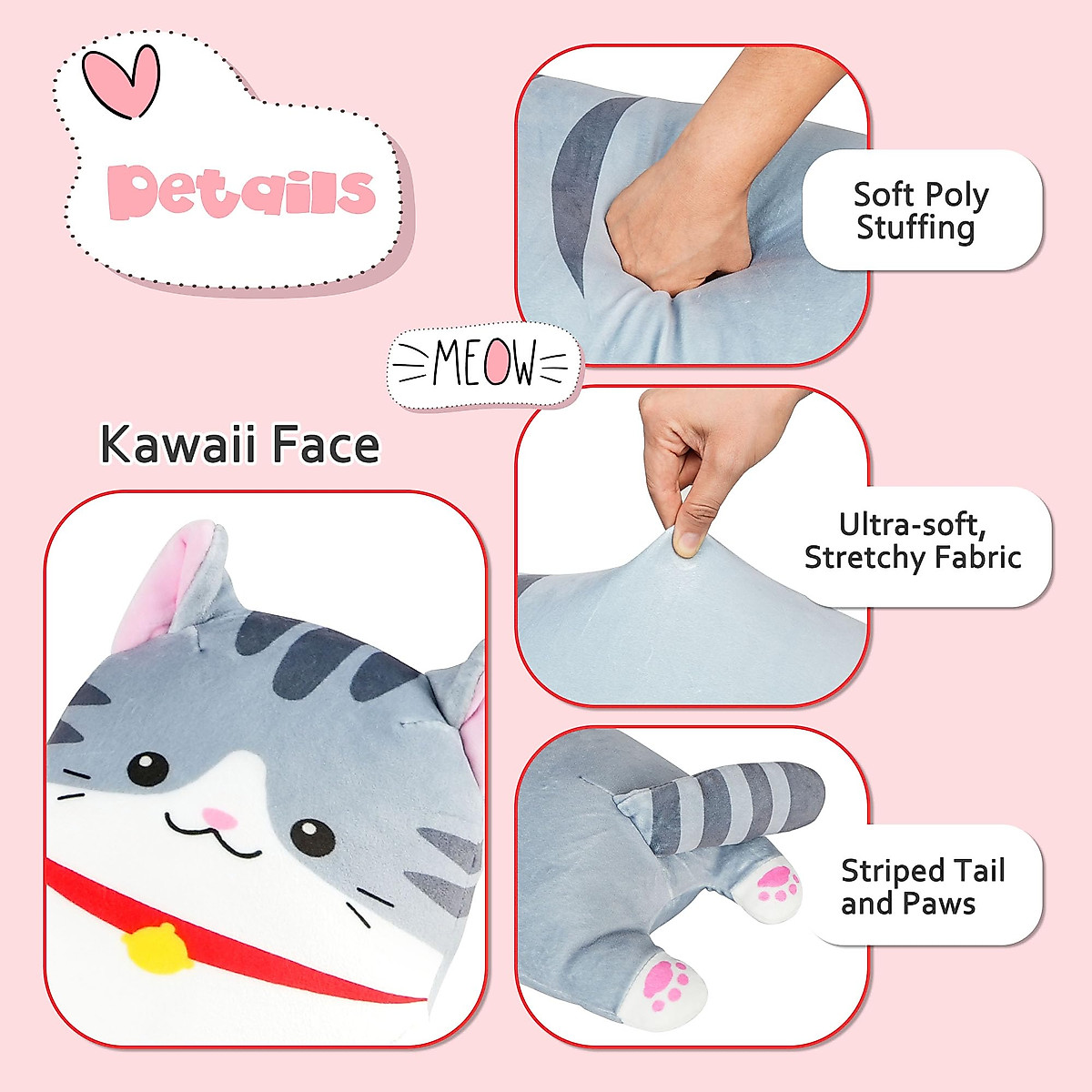 BenBen Cat Stuffed Animal, 35.5 inch Long Cat Plush Pillow, Cute Body Pillow for Kids, Adults, Soft Cuddle Pillow, Big Huggable Kitten Plushies Gift for Birthday, Christmas