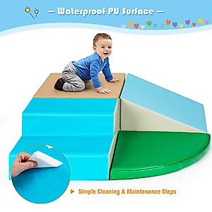 Costzon Climb and Crawl Foam Play Set, 4-Piece Soft Toddler Corner Climber Indoor Active Play Structure for Babies & Toddlers, Great for Climbing, Sliding and Physical Activity (Blue + Green + Coffee)