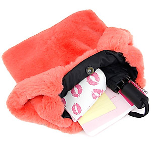 Me Plus Soft Faux Fur Pull Through Strap Slouchy Wrist Fashion Tote Bag (Coral)