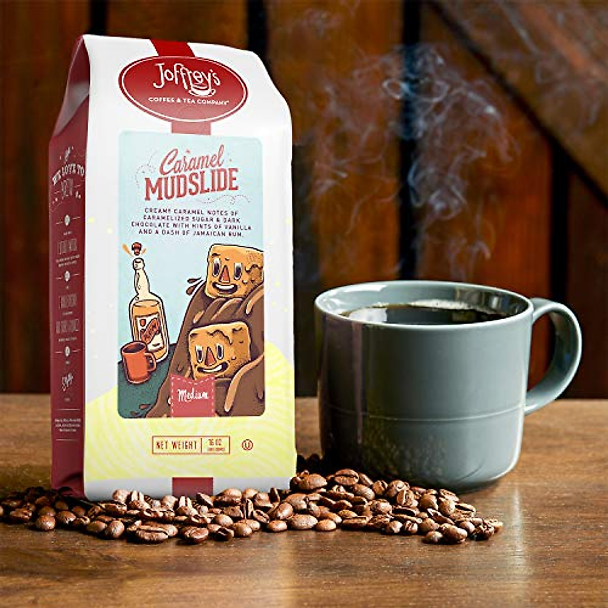 Joffrey's Coffee - Caramel Mudslide, Flavored Coffee, Artisan Medium Roast, Arabica Coffee Beans, Caramel, Dark Chocolate, Vanilla, & Rum Flavor, Brew or French Press, No Sugar (Whole Bean, 16 oz)