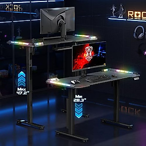 Gaming Desk with LED Lights & APP Control, 48" x 24" Gaming Table with Music Sensing, Underdesk Cable Storage Electric Standing Desk, Black Carbon Fiber PC Desk for Gaming and Home Office