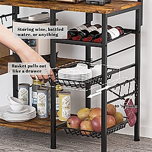 Kitchen Baker’s Rack with 2 Pull Out Wire Baskets, Microwave Stand with Storage Shelf & Wine Rack, 5-Tier Utility Coffee Bar Station with 10 Hooks for Spice Rack Organizer Workstation, Rustic Brown