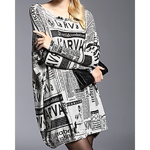 ellazhu Women's Autumn Long Sleeve Printed Newsprint Crew Neck Sweater Sweatshirt DH40 Grey