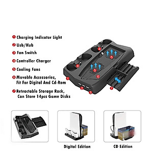 Cooling Fan for Ps5, 2-in 1 Vertical Stand with Dual Controller Charger Ports and 14 Game Rack Storage for Ps5 Cd/Digital Edition with 10pcs Thumb Joysticks
