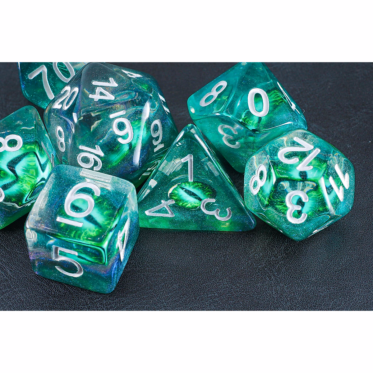 Sea Green Dragon Eye DND Dice Set for Dungeons and Dragons Gifts, D&D, D and D, Pathfinder, Accessories, D20, Polyhedral, Resin Dice, Metal, Dice Tray, Tower, Bag, Box