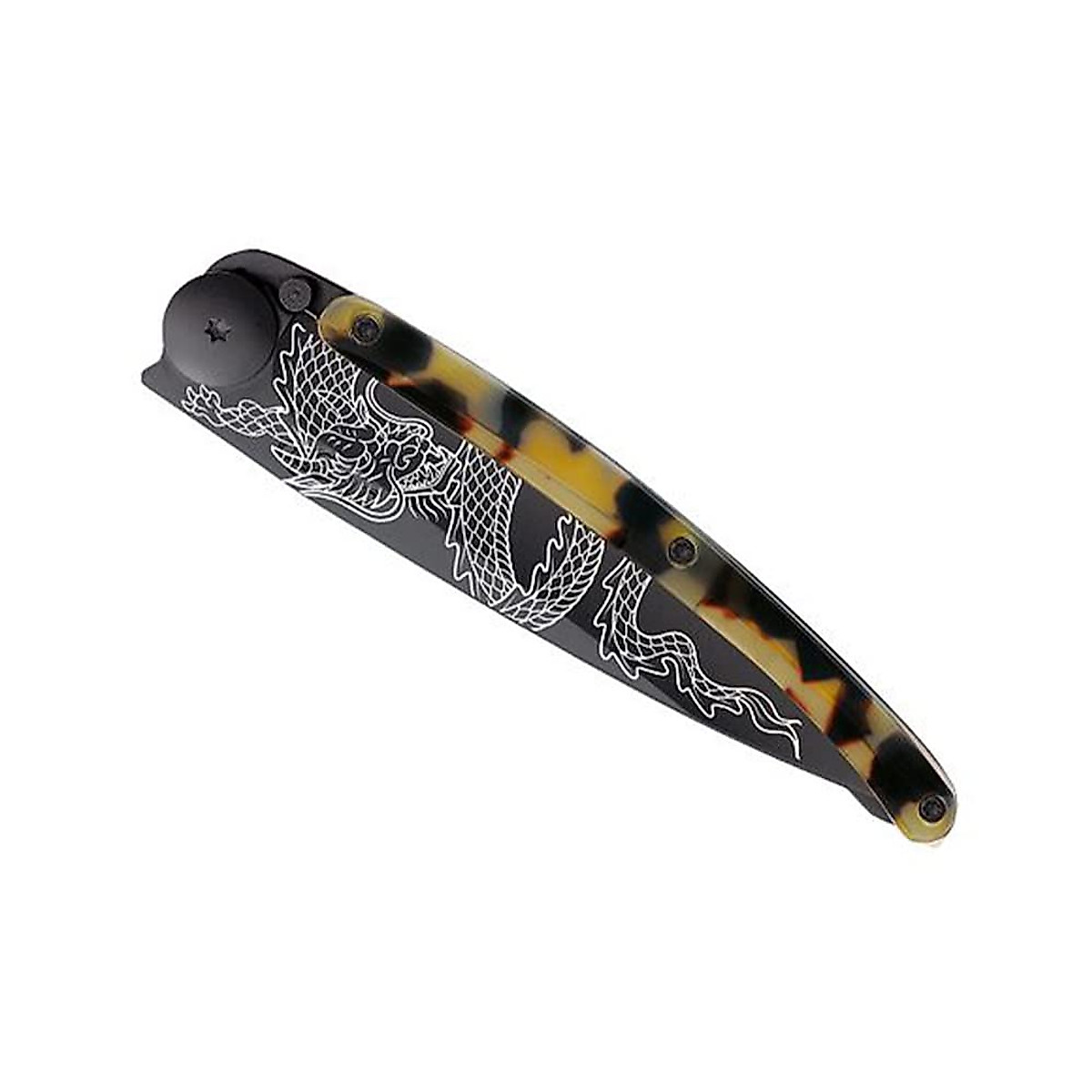 deejo - 0.9OZ, Black Titanium, Dark Turtle, Polynesian - Ultra-Light Pocket Folding Knife with a Belt Clip - Z40C13 Stainless Steel