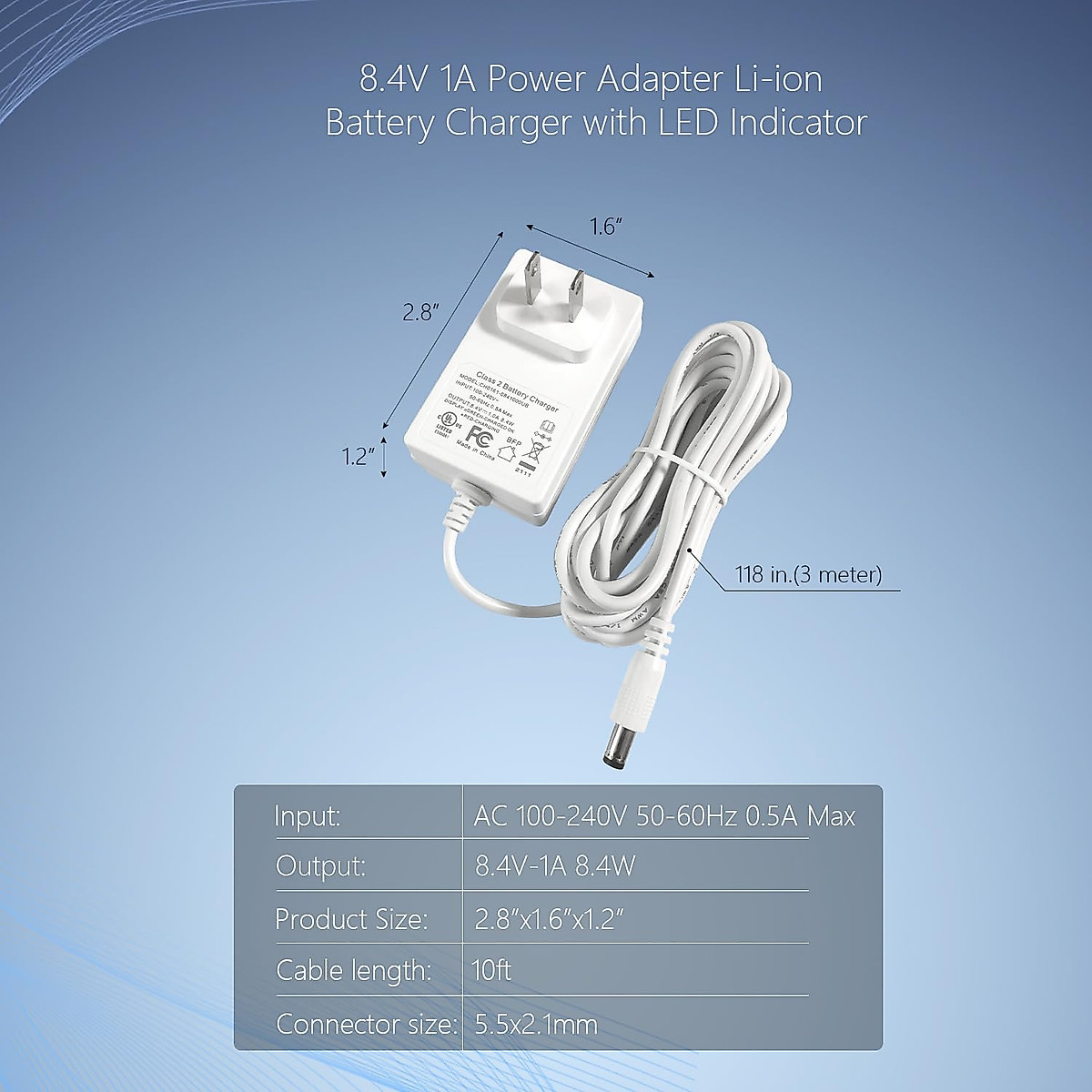 Sortfle 8.4V 1A DC Adapter Power Supply Plug Charger Switching Power Supply Adapter with LED Indication Plug 5.5x2.1 Extra Long 10 Foot Cord