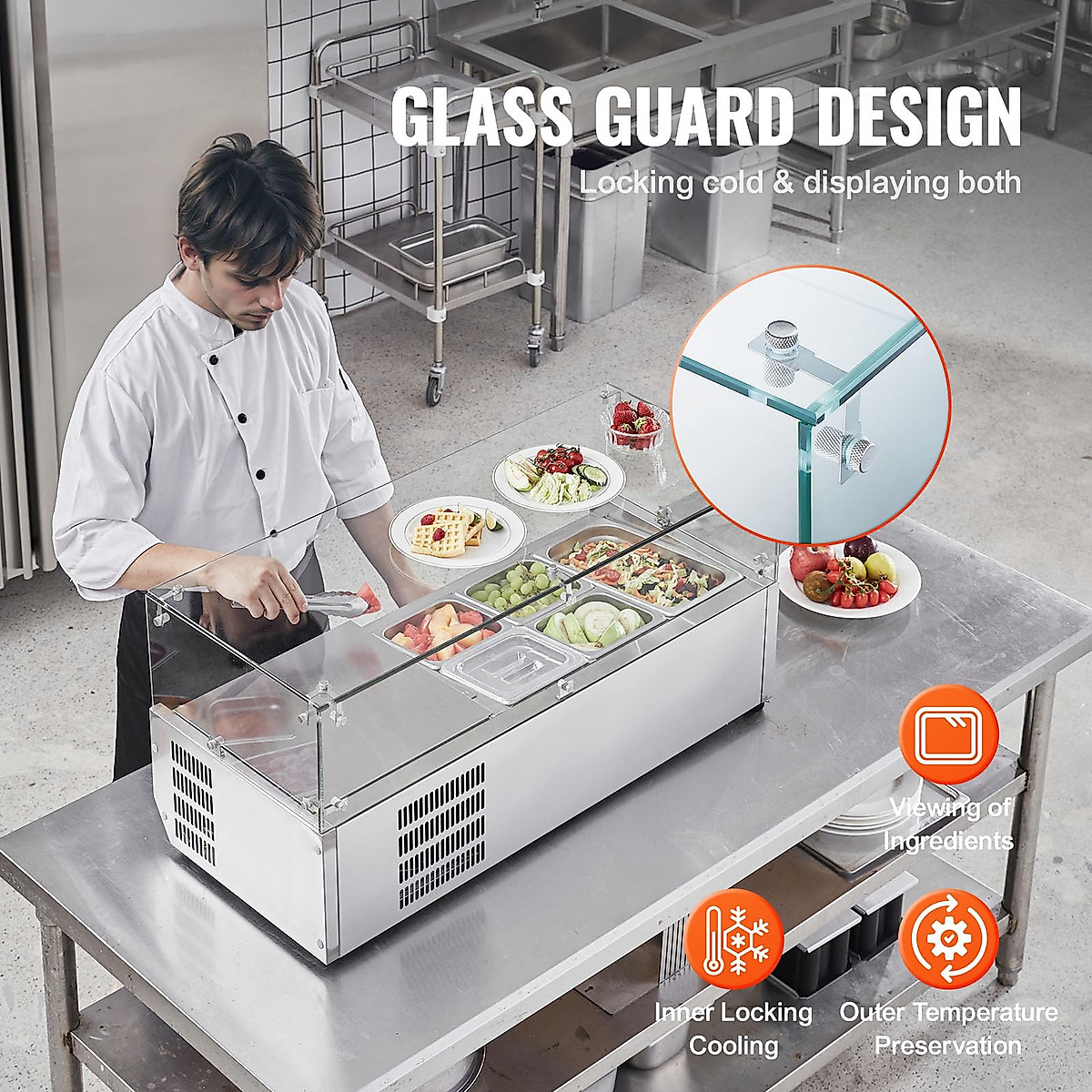 VEVOR, 130 W Countertop Refrigerated Condiment Station, with 1 1/3 4 1/6 Pans, 304 Stainless Body and PC Lid, Sandwich Prep Table Guard, ETL, Glass 40in, Silver