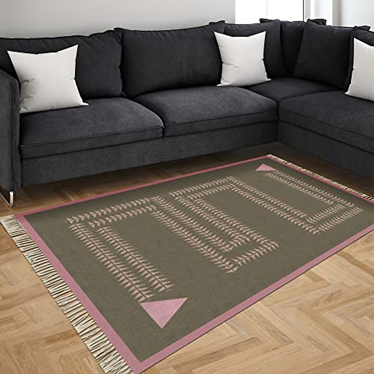 Casavani Hand Block Printed Area Rug Geometric Green & Pink Cotton Dhurrie Washable Kitchen Rugs with Tassels for Bedroom,Laundry,Living Room,Porch 4x6 5x8 2x3 Feet