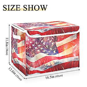 DIGTIA Veterans Day Storage Bins with Lids USA Flag Firework Foldable Storage Boxes with Handles 4th Of July Large Storage Basket Collapsible Organizer Containers for Closet Home Bedroom Office