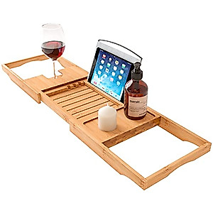 Home Intuition Expandable Bamboo Bathtub Tray Caddy (27.75-41.5 Inches) Luxury Bath Tub Tray Table Bathtub Caddy Bath Accessories for Women & Men Bath Tray Shelf with Book & Wine Holder