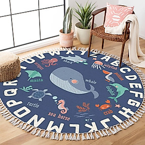 Ocean Theme Round Rugs ABC Rug Whale Alphabet Boho Area Rug Linen and Cotton Carpet Educational Rug Washable Hallway Runner Mat Neutral Accent Rug for Boys Girls Bedroom Nursery Playroom 4ft