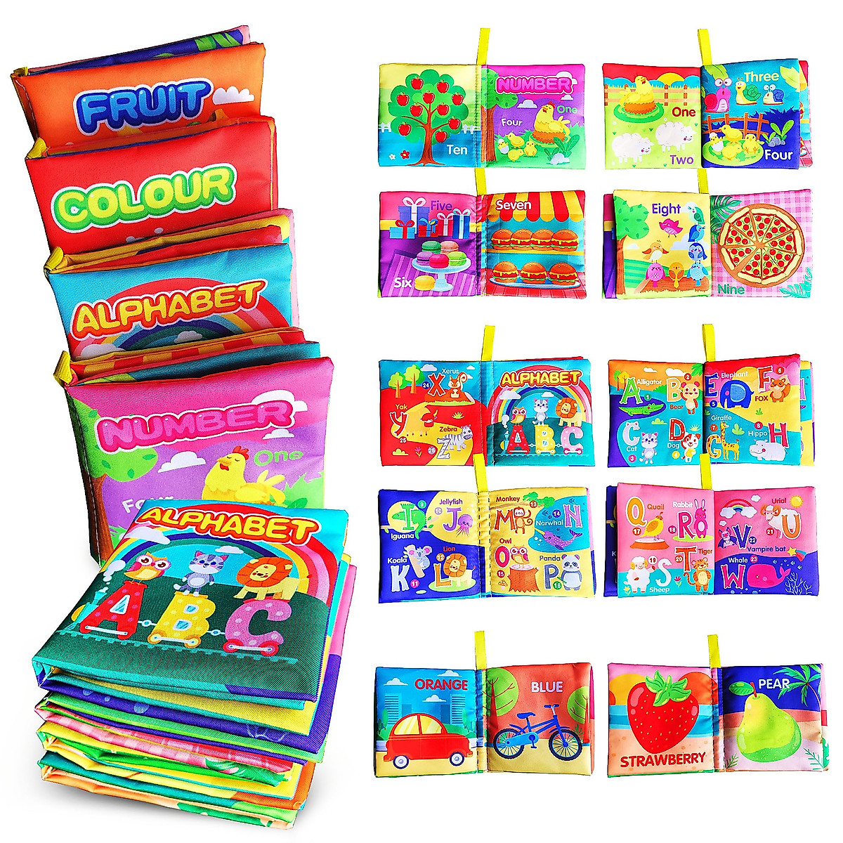 AMINFUN Soft Cloth Baby Book Toy 0-6 Months, Baby Learning Book(ABC-Z,1-10,Colour,Fruit,4 Pack),Touch and Feel Crinkle Book Infants 6-18 Months,Early Educational Toy 0-3, Gift for Babies Infants