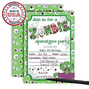 Zombie Apocalypse Halloween Birthday Party Invitations, 20 5x7 Fill In Cards with Twenty White Envelopes by AmandaCreation