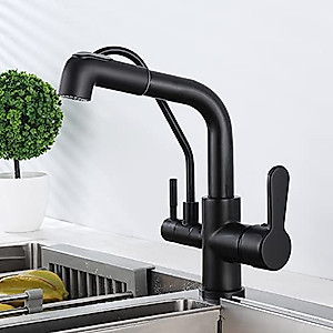 3 Way Kitchen Taps with Pull Out Spray, Kitchen Faucet Brass 360° Rotation Hot and Cold Water Multifunction 3 in 1 Kitchen Water Filter Faucet Black-B