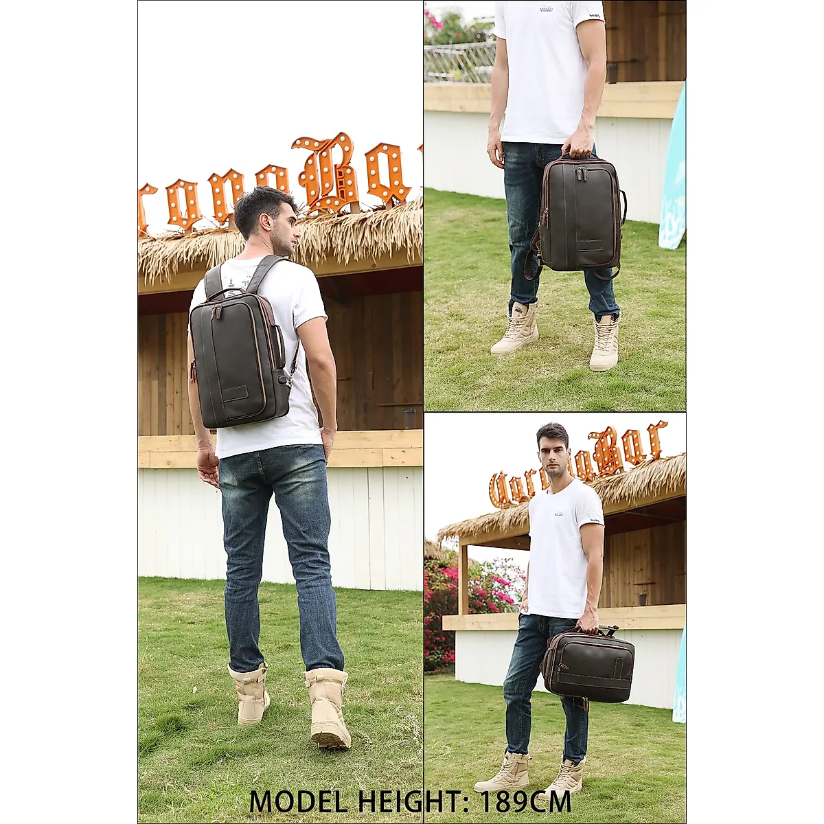 LANNSYNE Men's Full Grain Leather Expandable 15.6 Laptop Backpack Tote Shoulder Travel Bag Rucksack