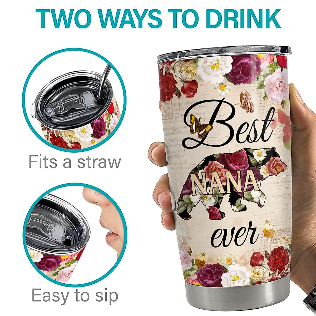 SANDJEST Best Nana Ever Tumbler Gift for Grandmas from Grandkids - 20oz Floral Insulated Stainless Steel Travel Mug Granny Christmas, Birthday, Mother's Day Gifts for Nana, Gigi from Grandchildren