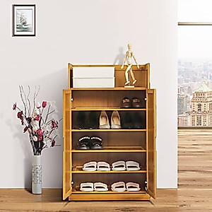 MoNiBloom 5 Tier Bamboo Shoe Cabinet, Free Standing Shoe Shelf Organizer Storage with Doors & High Baffle for 11-15 Pairs Home Entryway Hallway Office Bedroom, Brown