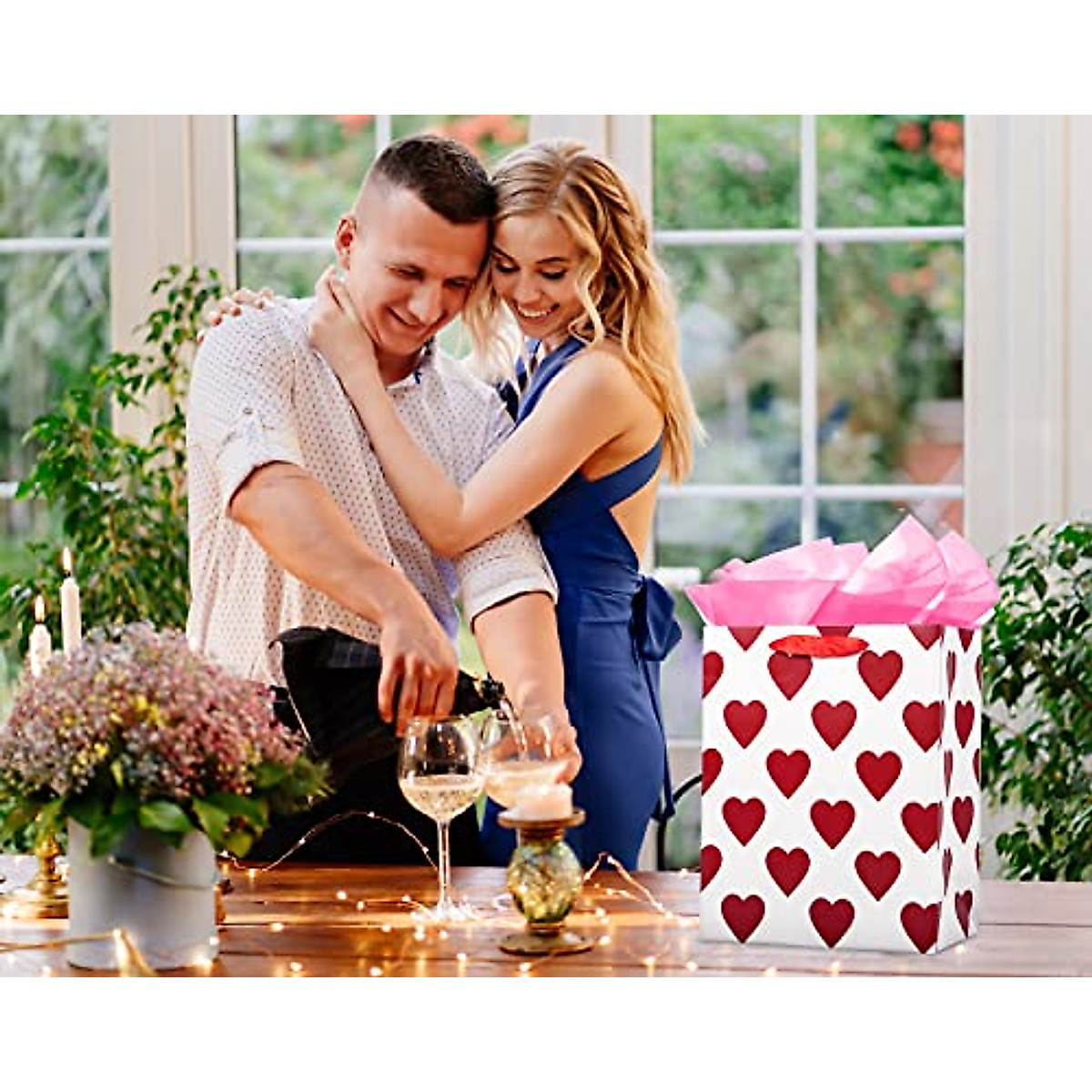 FaCraft Valentines Day Gift Bag 13" Large Valentines Gift Bags with Handles for Kids Heart Gift Bag for Girlfriend Boyfriend Anniversary Wedding Bridal Shower with Wrapping Tissue Paper for Men Him