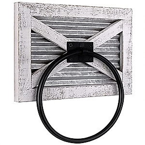 Autumn Alley Barn Door White Bathroom Farmhouse Towel Ring – Wall Mounted Rustic Hand Towel Holder – Mix of Wood and Galvanized Metal & Black Ring for Country Decor – Farmhouse Bathroom Decor