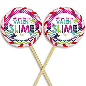 Slime Time Valentine Party Favor Sticker Labels, 40 2" Party Circle Stickers by AmandaCreation, Great for Classroom Valentines, Envelope Seals, Gifts & Treats