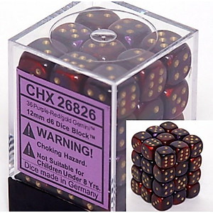Chessex Dice d6 Sets: Gemini Purple & Red with Gold - 12mm Six Sided Die (36) Block of Dice