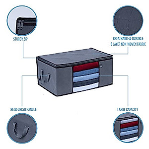 VENO 3 Pack Large Clothes Storage Bag Organizer with Reinforced Handle Thick Fabric for Comforters, Blankets, Bedding, Foldable with Sturdy Zipper, Clear Window, Grey, Reusable and Sustainable (13.3 Gallon)