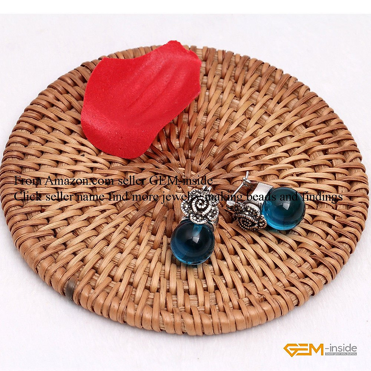 GEM-Inside 12mm Blue Crystal Earrings Round Ball Gemstone Beads Cute Tibetan Silver Marcasite Leverback Jewelry Accessory for Woman