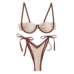 ZAFUL Women's Underwire Bikini High Cut Bikini Set Tie Side Bottom Two Piece Swimsuit Bathing Suit (2-Milk Tea,S)