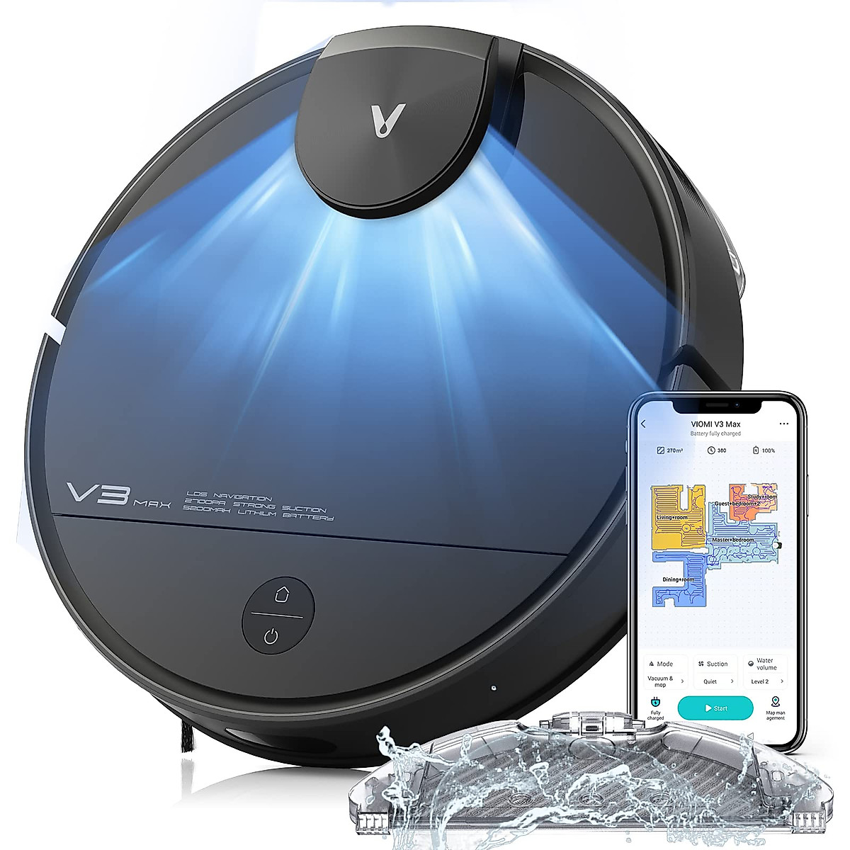 VIOMI V3 Max Robot Vacuum and Mop Combo with Smart Mapping Technology, 2700Pa Robot Vacuum Cleaner Work 300mins with Alexa/Google, Lidar Navigation Robotic Vacuums Cleaner for Pet Hair, Carpets,Floor