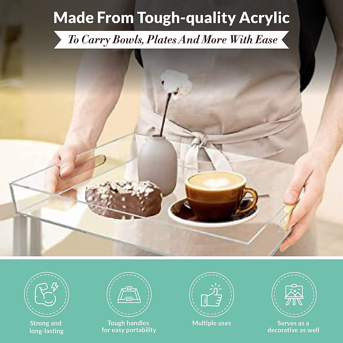 Rectangle Coffee Table Tray - Clear Acrylic Tray with Handles 16 x 12 x 2 - Rectangle Tray for Serving Food, Coffee, Organizing Bathroom Accessories, Makeup, Perfume, Ottoman, Eating in Bed Tray