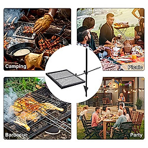 Lineslife Swivel Campfire Grill, Adjustable Heavy Duty Steel Campfire Grill Grate, Fire Pit Grill Grate Over Fire Pit with Carrying Bag for Outdoor Camping BBQ, Rectangle Black