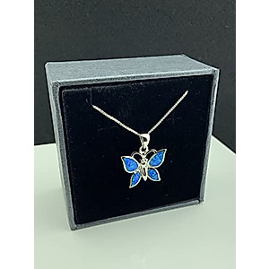 SILVERCLOSEOUT Rhodium Plated Sterling Silver Womens Created Blue Opal Butterfly Charm Necklace