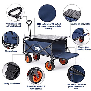 Collapsible Wagon with Big Wheels,Portable Folding Beach Wagon Cart with 330Lbs Capacity,Heacy Duty Utility Foldable Wagon Cart with Aluminum Table and Gate Open Desgin for Camping,Garden(Navy Blue)