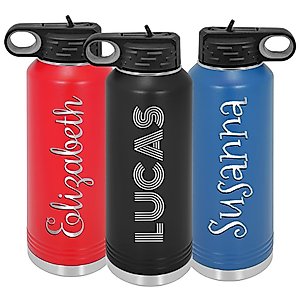 Personalized Water Bottles 32oz with Flip-Top Lid and Straw, Customized Vacuum Insulated Flask, Stainless Steel Sports Double Wall Thermos, Your Logo Name and Text Engraved in USA (Black, 32 oz.)