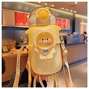 LIXERY Kawaii Bear Water Bottle with Straw and Strap Cute Water Bottle Bear Drinking Bottle Leakproof Plastic Water Jug for Girl School Sport 25oz, Yellow, 3.15x3.15x7.3 Inch (1300C48EFM6)