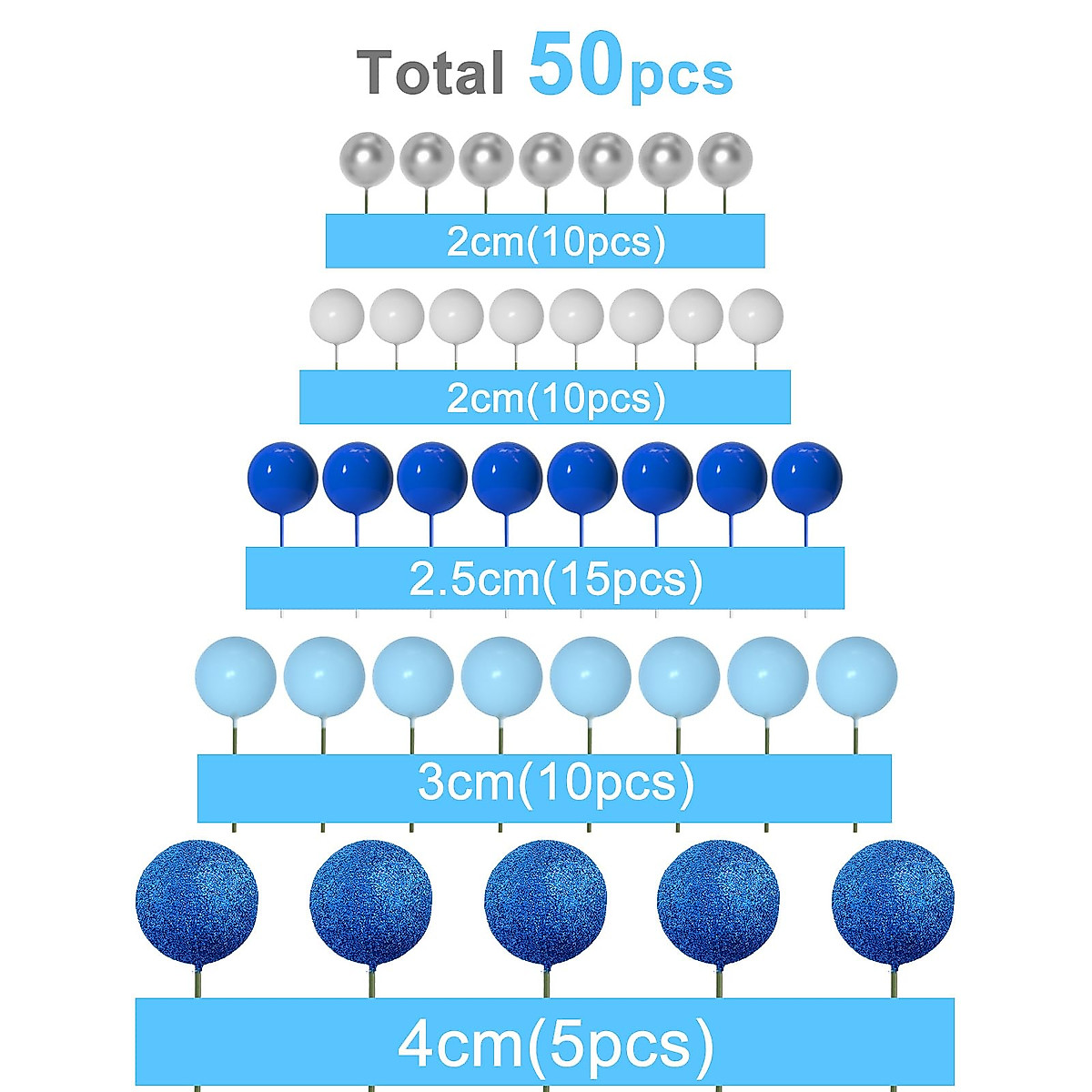 ASTARON 50 Pcs Ball Cake Topper Sticks Mini Balloons for Cake Decorating Supplies Foam Balls Cake decorations for Baby Shower Cake Birthday Cake Toppers Decorations (Blue Series)