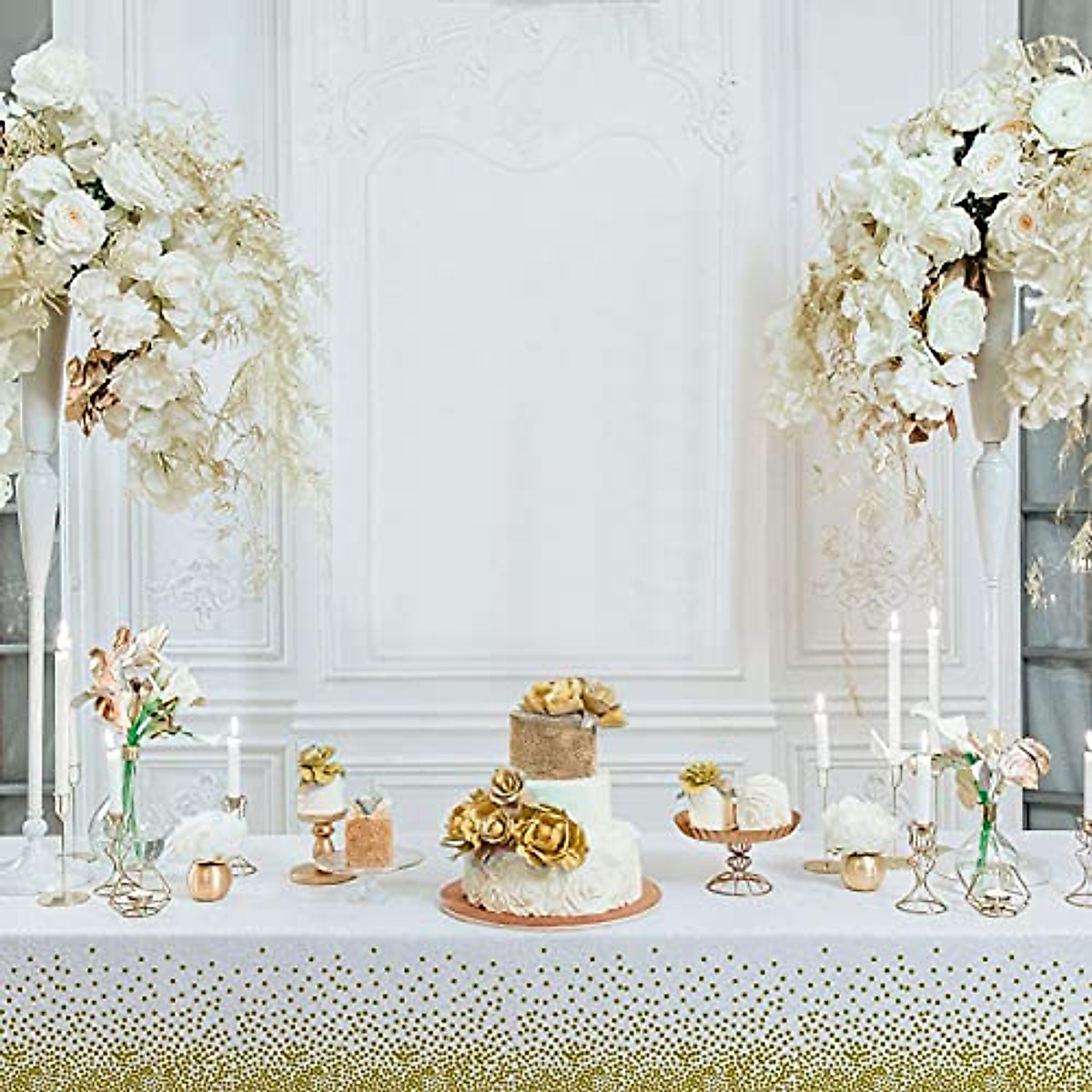 GoodSing 6 PCS Disposable Plastic Tablecloths, Plastic Rectangle White Dot Tablecloths for Indoor or Outdoor Tables Parties Christmas Picnic Birthdays and Weddings