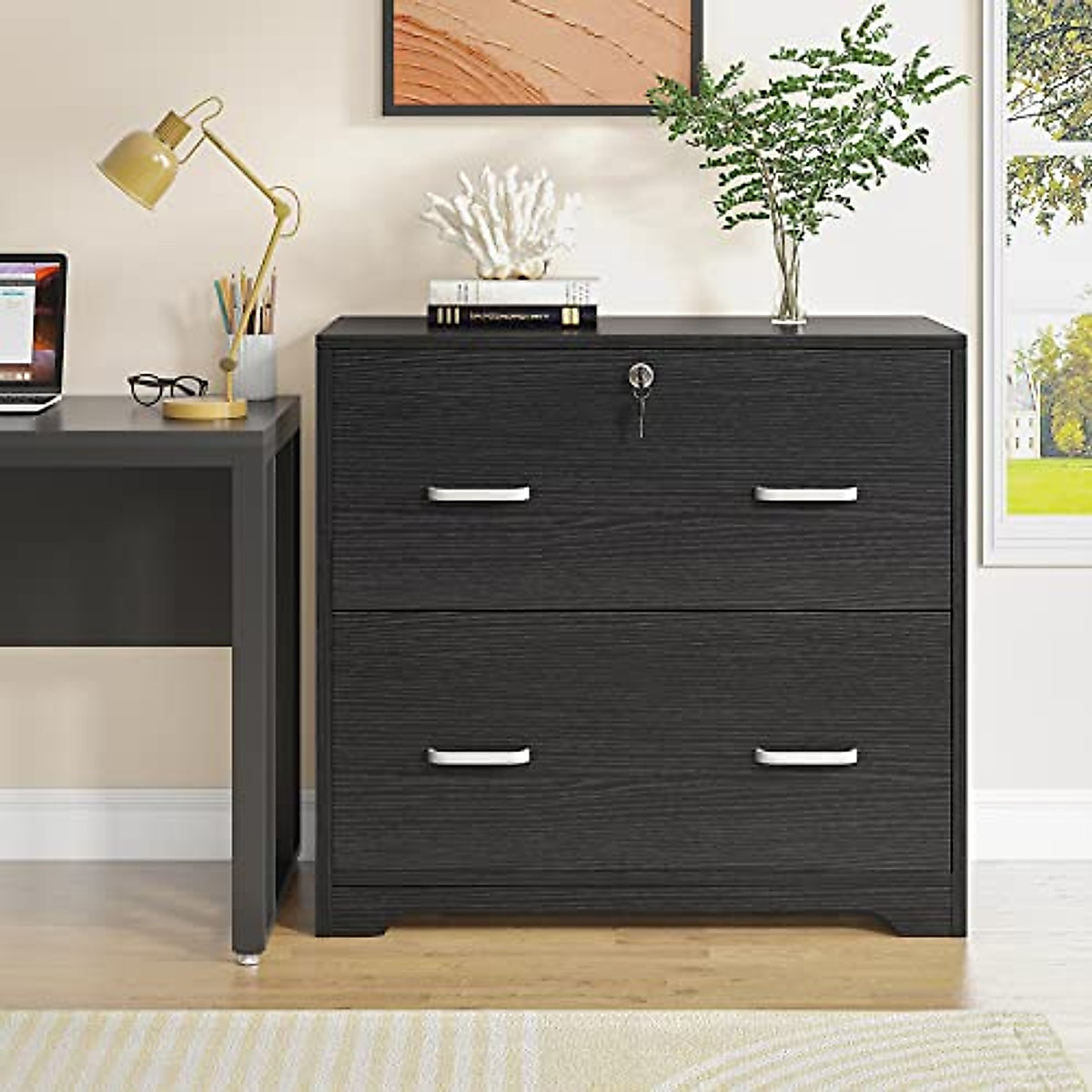 LITTLE TREE Lateral File Cabinet with 2 Drawers, 31.5 Inches Large Filing Cabinet for Hanging Letter/Legal/F4/A4 Size Files with Lock, Home Office, Black