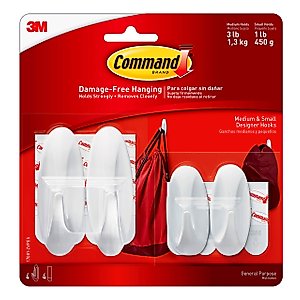 Command Designer Hooks Variety Pack, White, 2-Small, 2-Medium, 4-Strips, Organize & Decorate Damage-Free