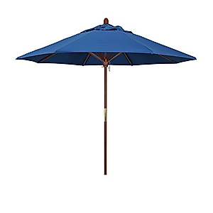 California Umbrella 9' Round Hardwood Frame Market Umbrella, Stainless Steel Hardware, Push Open, Pacifica Pacific Blue
