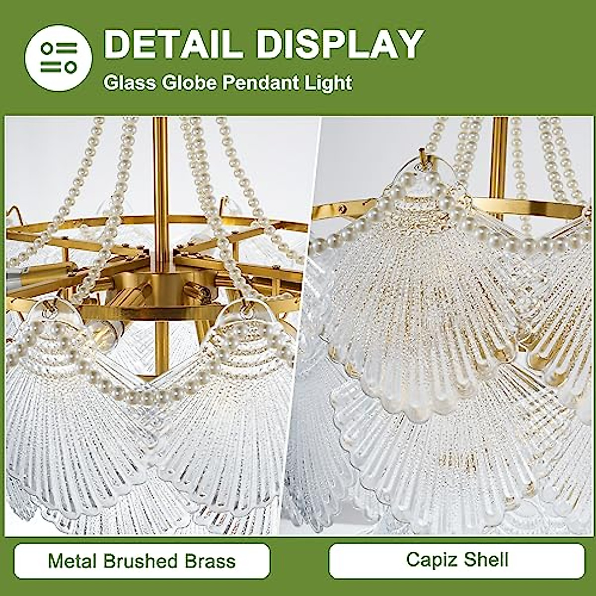 FINE MAKER Modern Glass Chandelier, 24'' Golden Vintage Chandelier for Dining Room, 3 Tiers Hanging Pendant Ceiling Light Fixture with Glass Shell Pearl Shades for Living Room, Bedroom, Kitchen