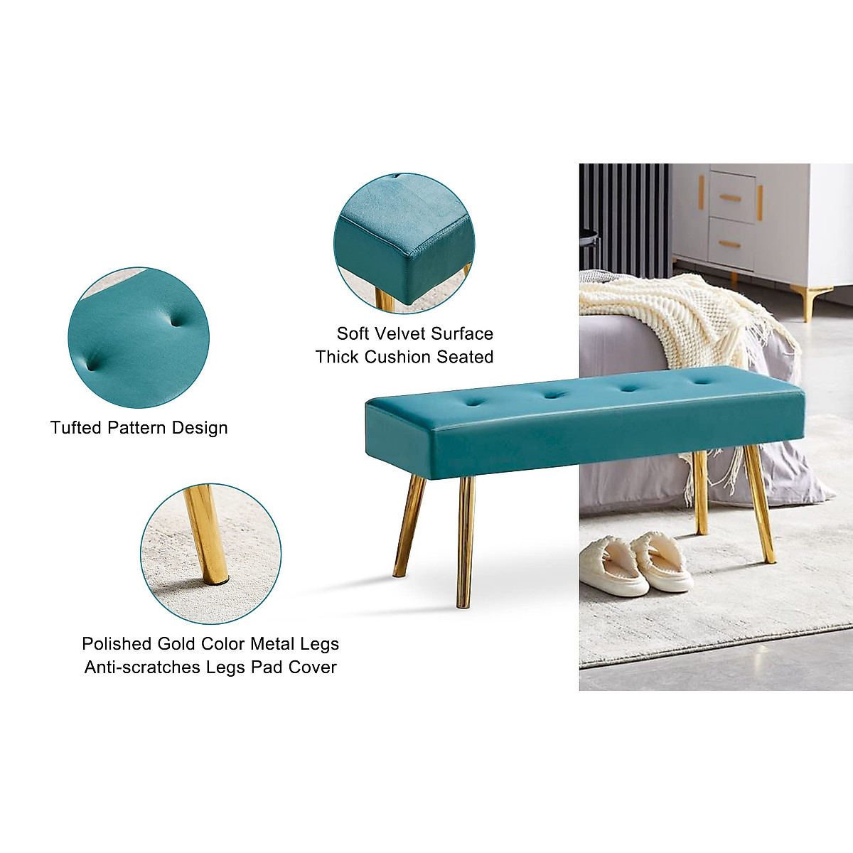 Homedot Contemporary Bench End of Bed Living Room Bench Elegant Velvet Footrest Stool Comfortable Dining Bench with Polished Golden Color Metal Legs for Vanity,Sitting Room