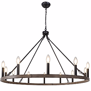 WBinDX 12 Lights Wagon Wheel Chandelier, 38.2 Inch Large Black Faux Wood Metal Farmhouse Chandelier Lighting, Rustic Candle Round Chandeliers for Living Room Foyer Entryway High Ceilings