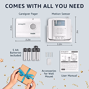 Bed Alarm Caregiver Pager with Wireless Motion Sensor Alarm Indoor Fall Prevention for Elderly Monitoring Seniors Dementia Patients Seniors Home Door Chime