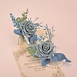 Weslymoo Dusty Blue Rose Wrist Corsage and Boutonniere Set Artificial Prom Flower Corsage Wristlet Band Bracelet Wedding Accessories Prom Decorations