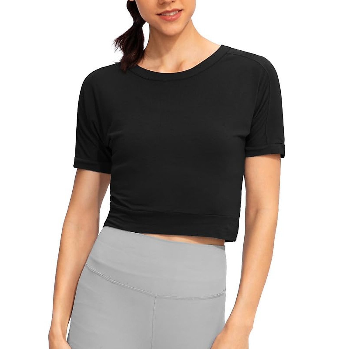 Women's Backless Workout Tops Short Sleeve Gym Shirts Soft Open Back Yoga Athletic Crop Tops for Women (Black,M)