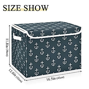 Kigai Storage Basket Blue Sea Anchor Nautical Storage Boxes with Lids and Handle, Large Storage Cube Bin Collapsible for Shelves Closet Bedroom Living Room, 16.5x12.6x11.8 In