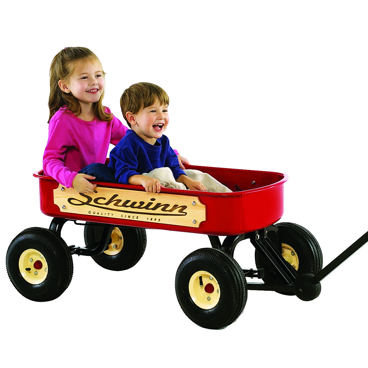 Schwinn Quad Steer 4x4 Wagon for Kids Red, Large Air-Filled Tires, Extra Deep Heavy Gauge Steel, Telescopic Extendable Handle, Real Wood Panels, Easy Assemble